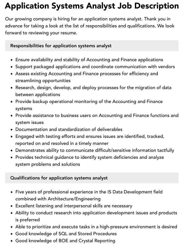 Application Systems Analyst Job Description Velvet Jobs