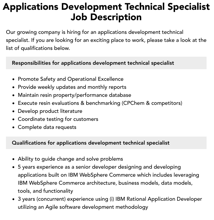 Applications Development Technical Specialist Job Description Velvet Jobs