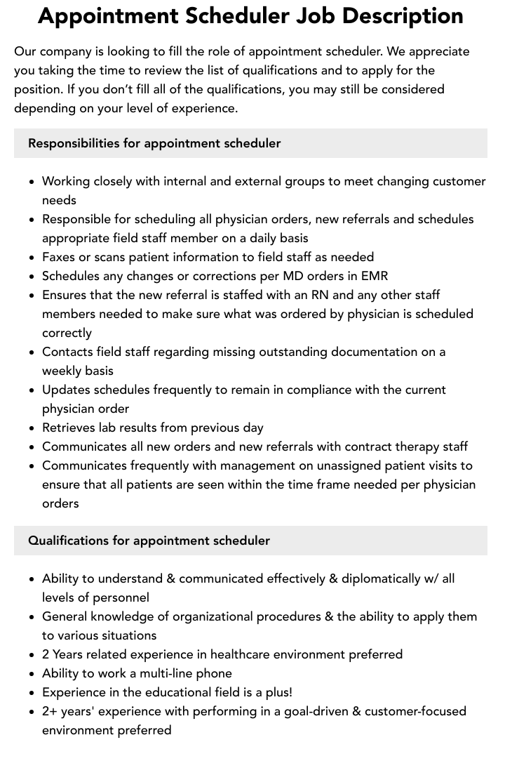 Appointment Scheduler Job Description Velvet Jobs Appointment Scheduler Job Description Velvet Jobs