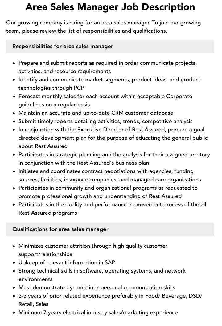Area Sales Manager Job Description Velvet Jobs