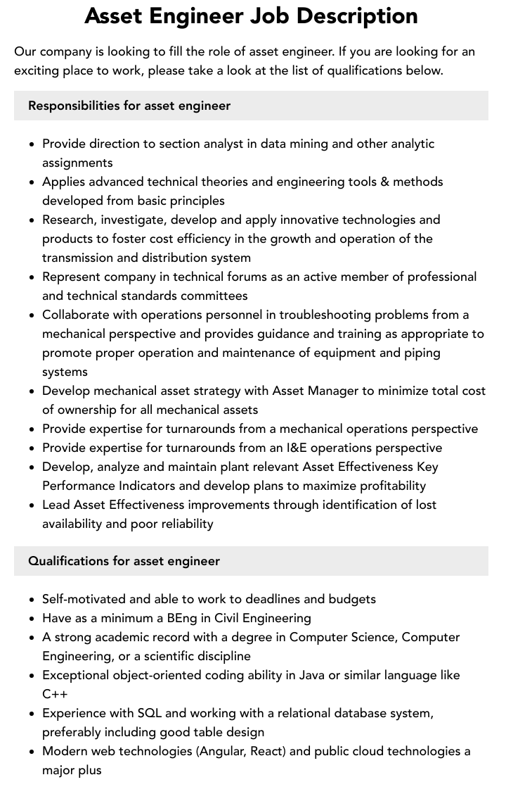 Asset Engineer Job Description Velvet Jobs
