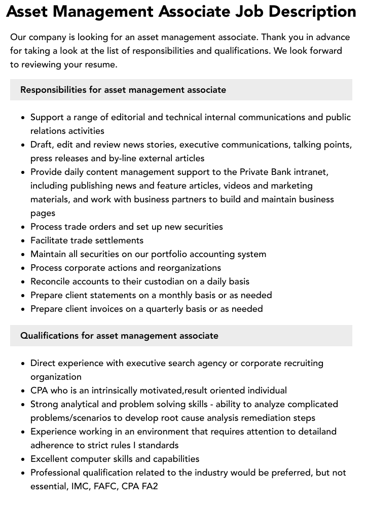 Asset Management Associate Job Description Velvet Jobs Asset Management Associate Job Description Velvet Jobs