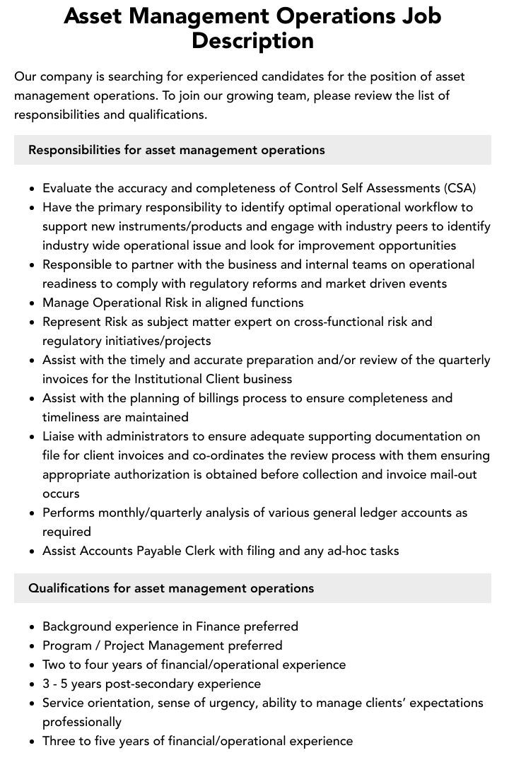 Asset Management Operations Job Description Velvet Jobs Asset Management Operations Job Description Velvet Jobs