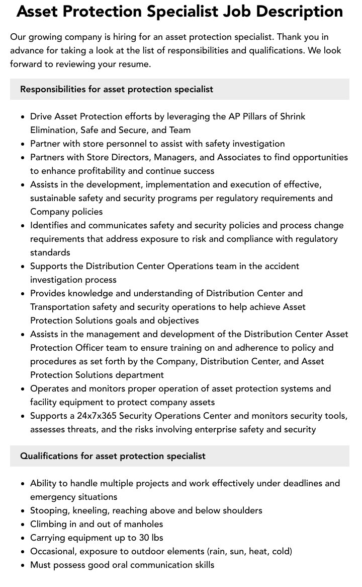 Asset Protection Specialist Job Description Velvet Jobs Asset Protection Specialist Job Description Velvet Jobs