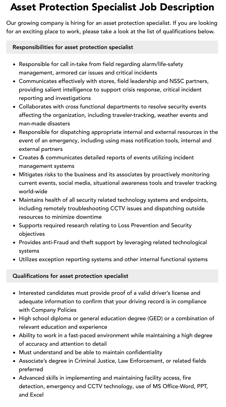 Asset Protection Specialist Job Description Velvet Jobs Asset Protection Specialist Job Description Velvet Jobs