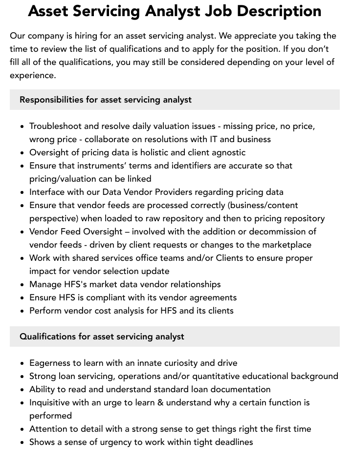 Asset Servicing Analyst Job Description Velvet Jobs