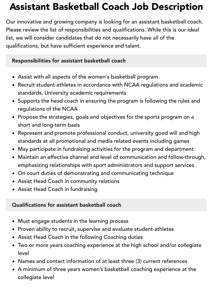 Assistant Basketball Coach Job Description Velvet Jobs
