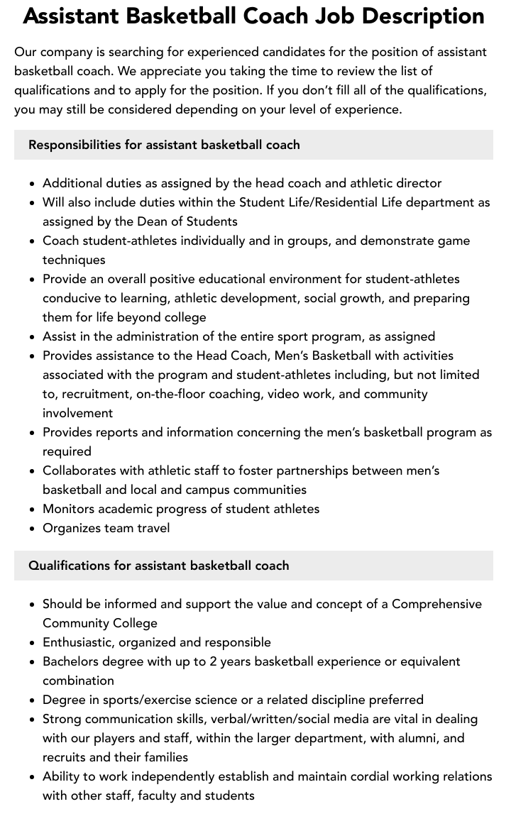 Assistant Basketball Coach Job Description Velvet Jobs