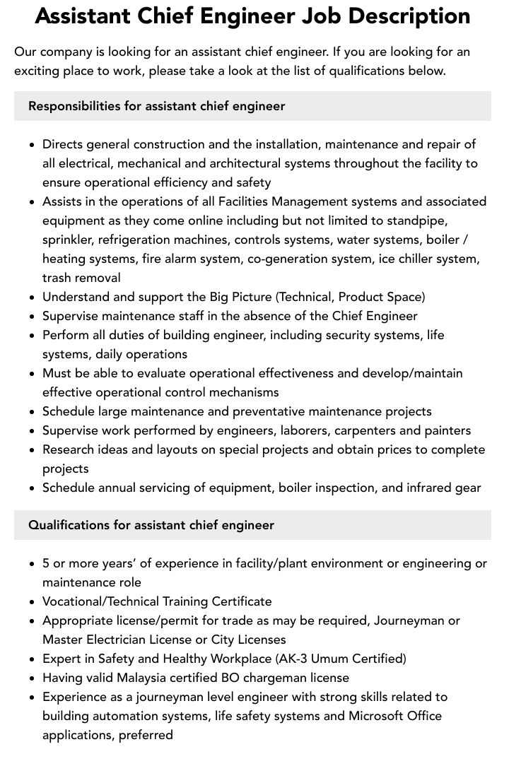 Assistant Chief Engineer Job Description Velvet Jobs