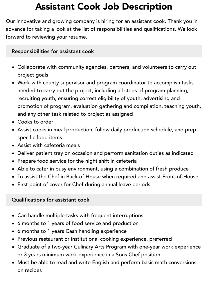 Assistant Cook Job Description Velvet Jobs