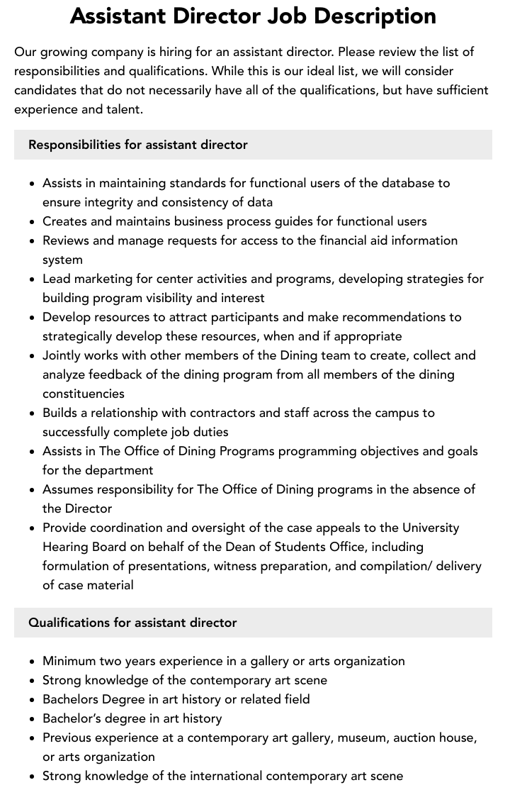Assistant Director Job Description Velvet Jobs