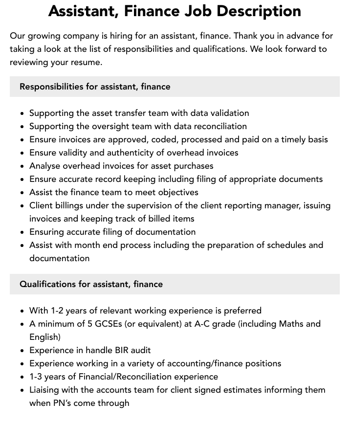 Assistant Finance Job Description Velvet Jobs