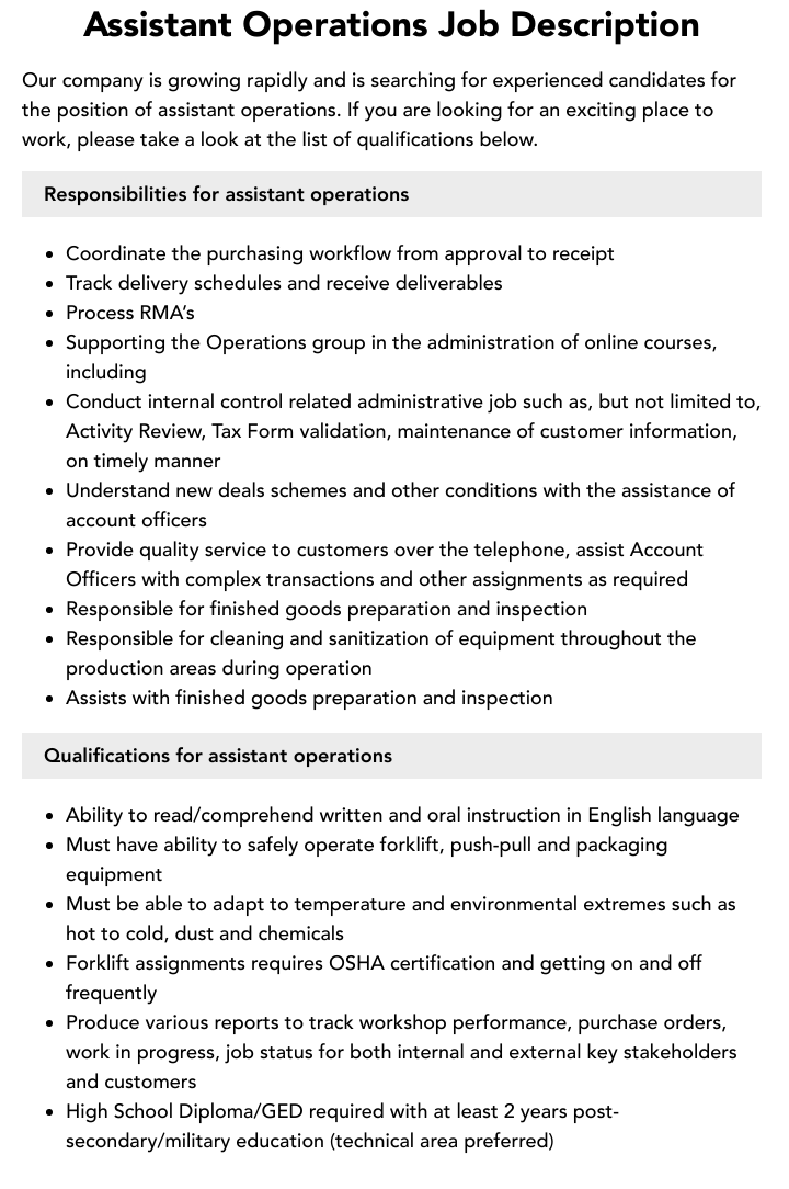 Assistant Operations Job Description Velvet Jobs