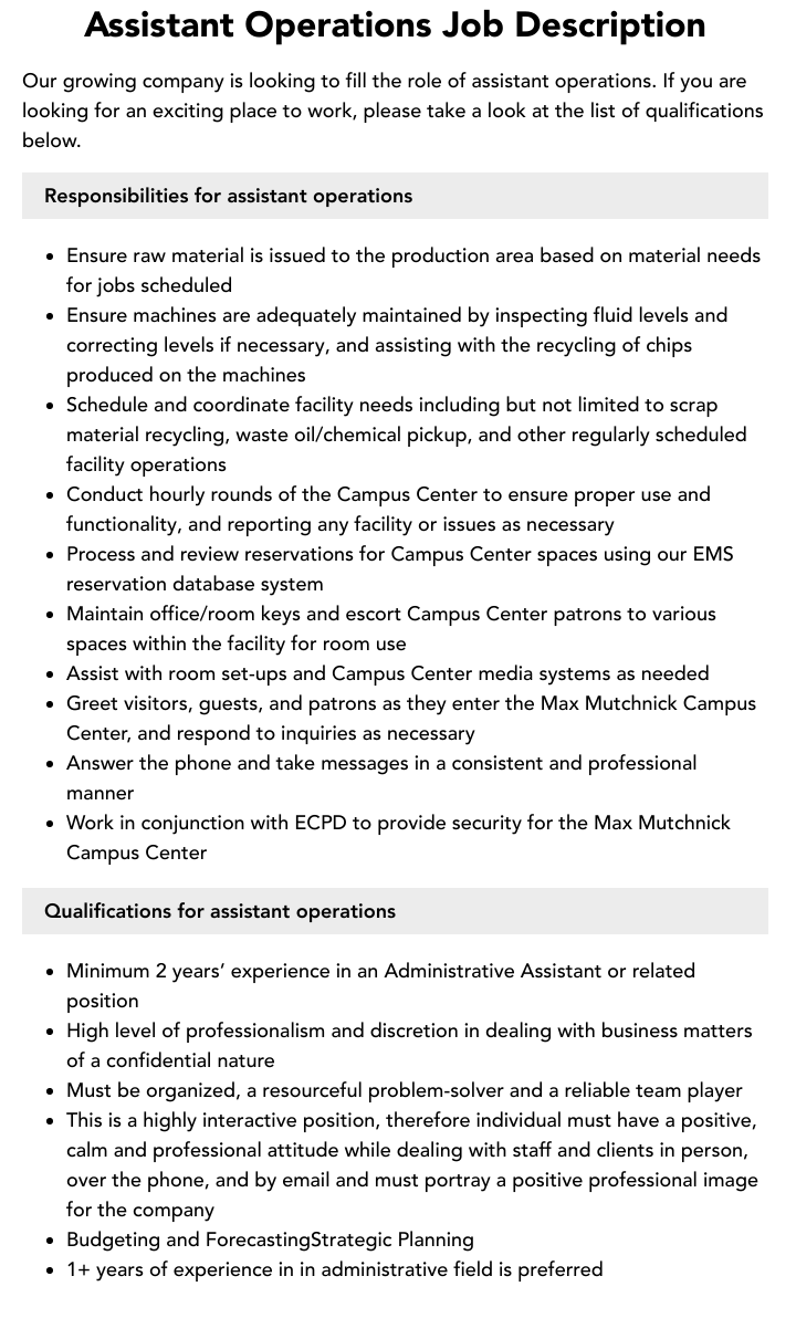 Assistant Operations Job Description Velvet Jobs