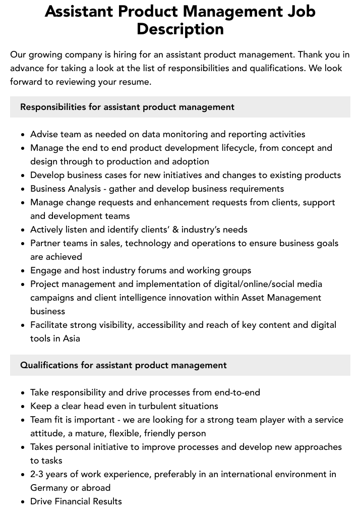 Assistant Product Management Job Description Velvet Jobs
