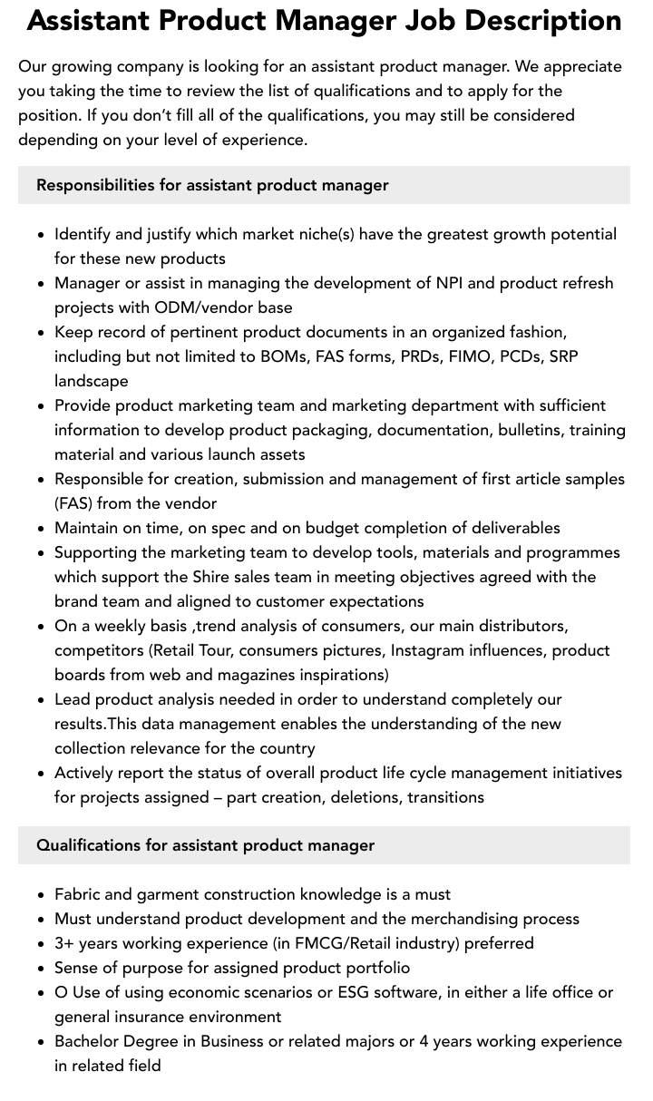 Assistant Product Manager Job Description Velvet Jobs