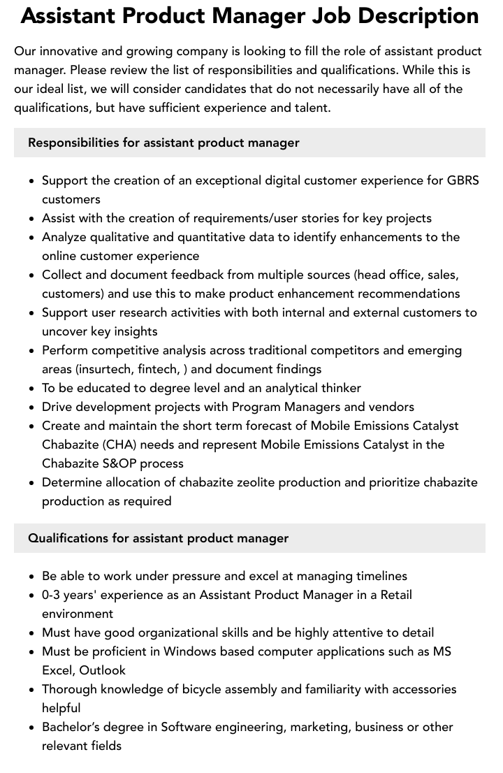 Assistant Product Manager Job Description Velvet Jobs