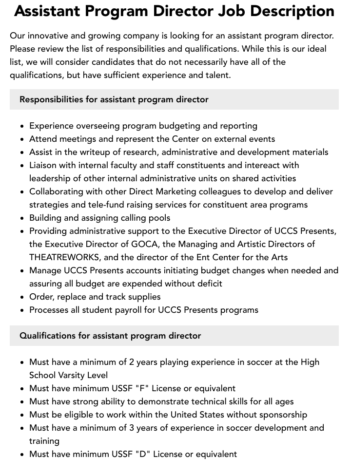  Assistant Program Director Job Description Velvet Jobs