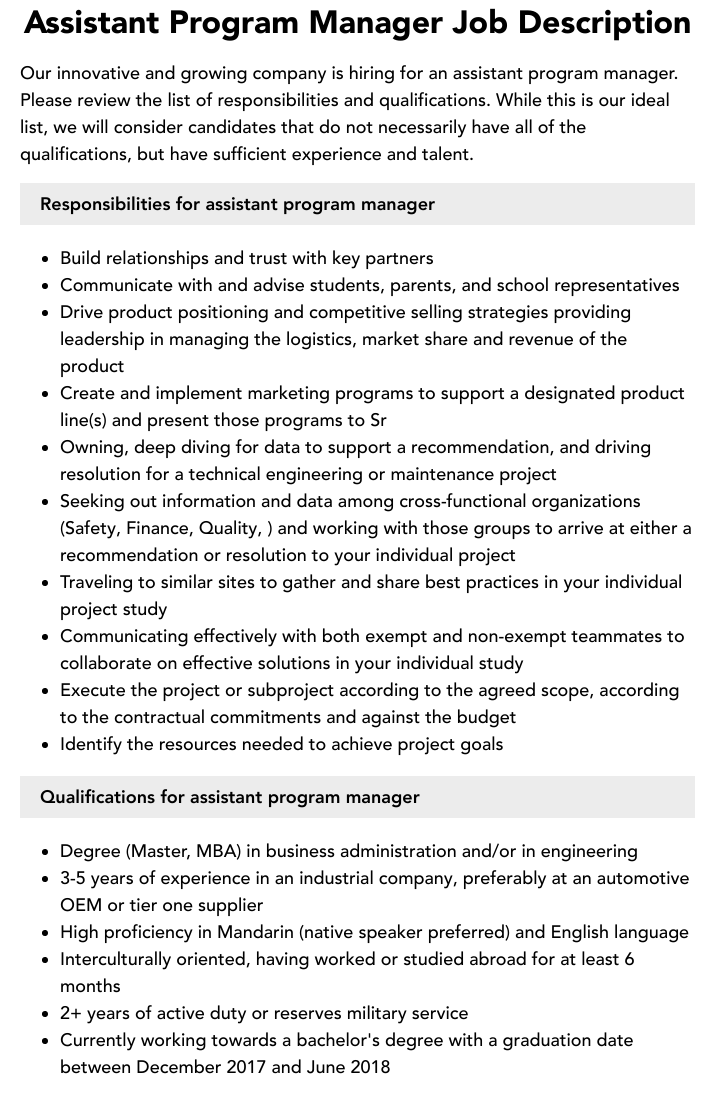  Assistant Program Manager Job Description Velvet Jobs
