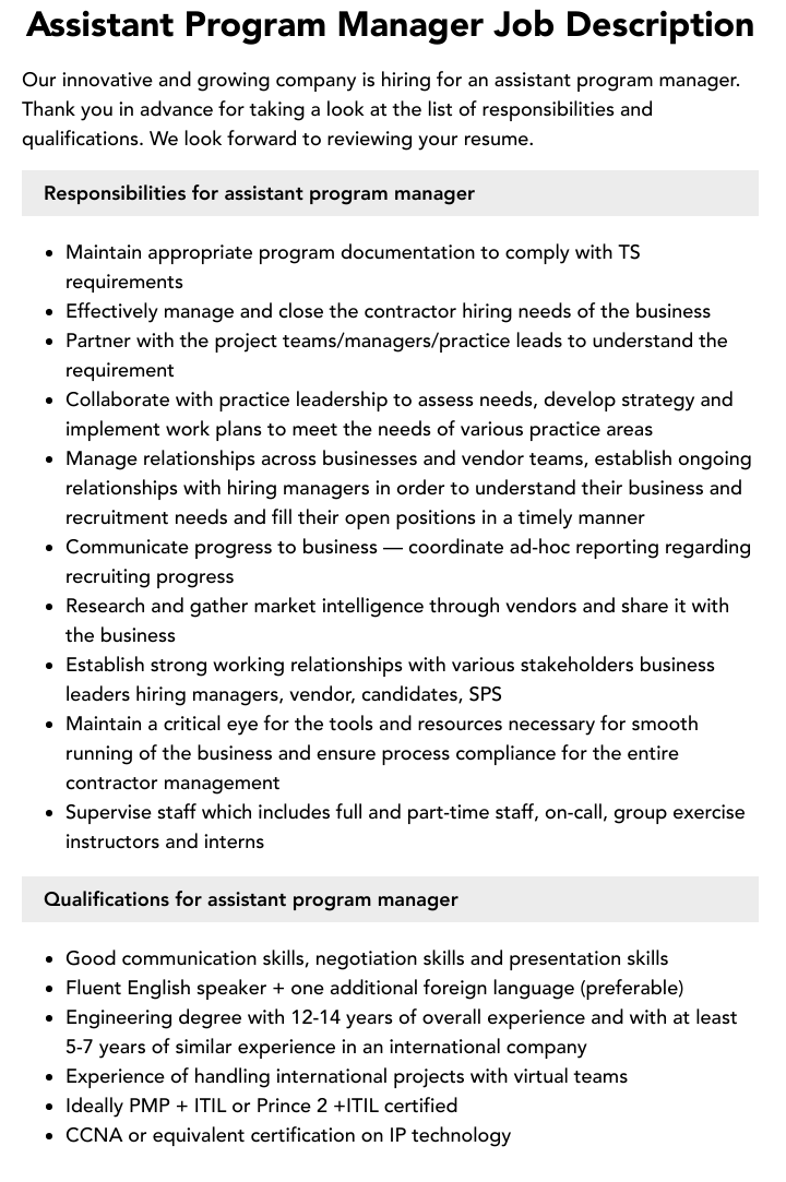 Assistant Program Manager Job Description Velvet Jobs
