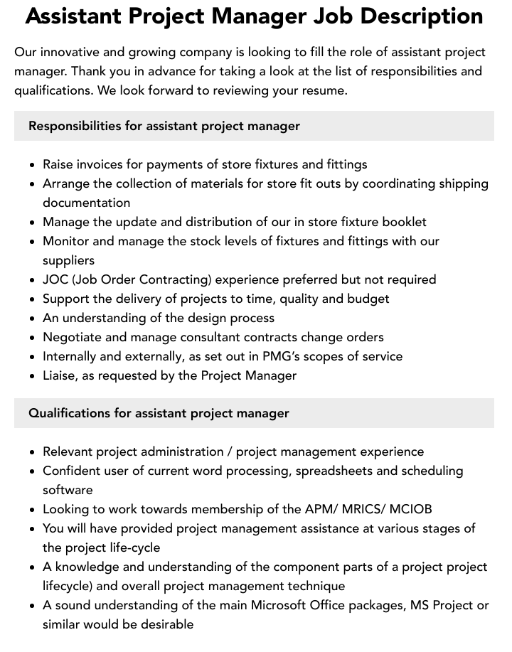 Assistant Project Manager Job Description Velvet Jobs