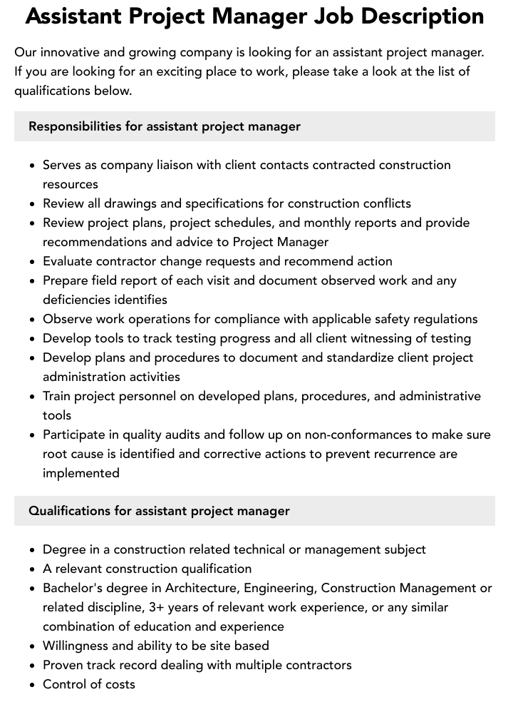 Assistant Project Manager Job Description Velvet Jobs