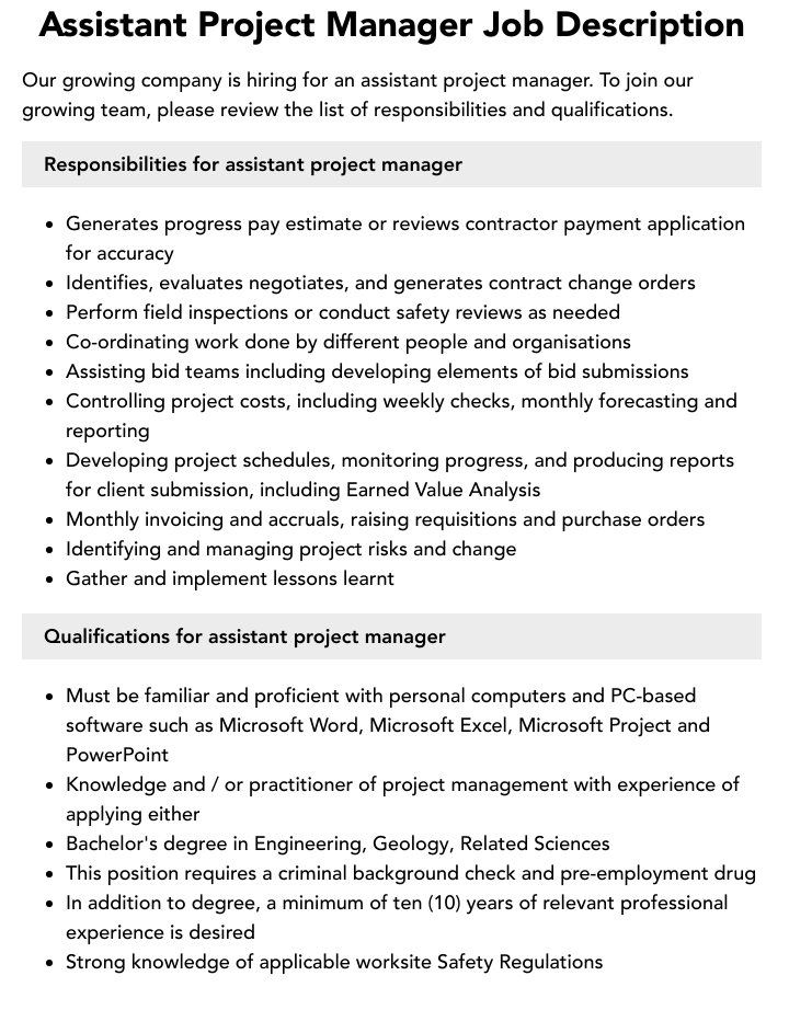Assistant Project Manager Job Description Velvet Jobs