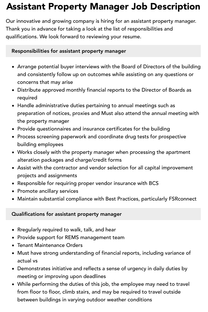 Assistant Property Manager Job Description Velvet Jobs