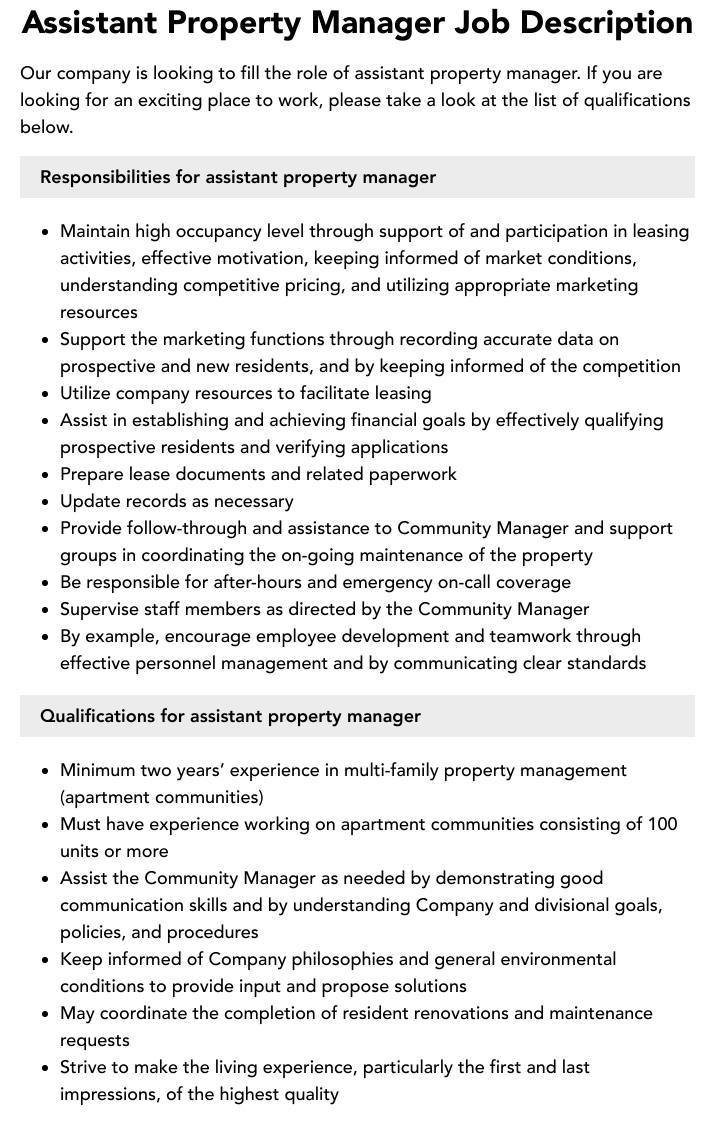 Assistant Property Manager Job Description Velvet Jobs