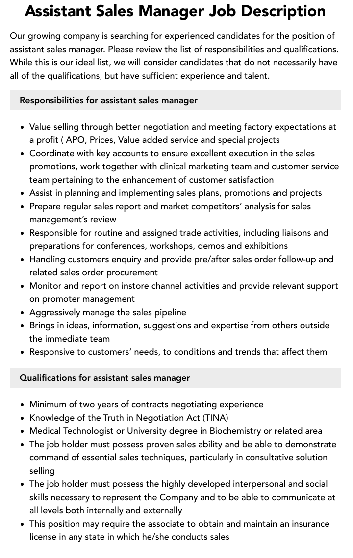 Assistant Sales Manager Job Description Velvet Jobs