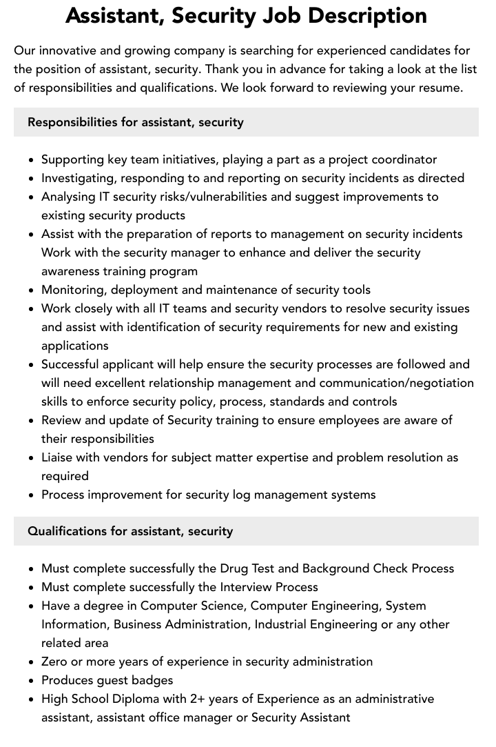 Assistant Security Job Description Velvet Jobs