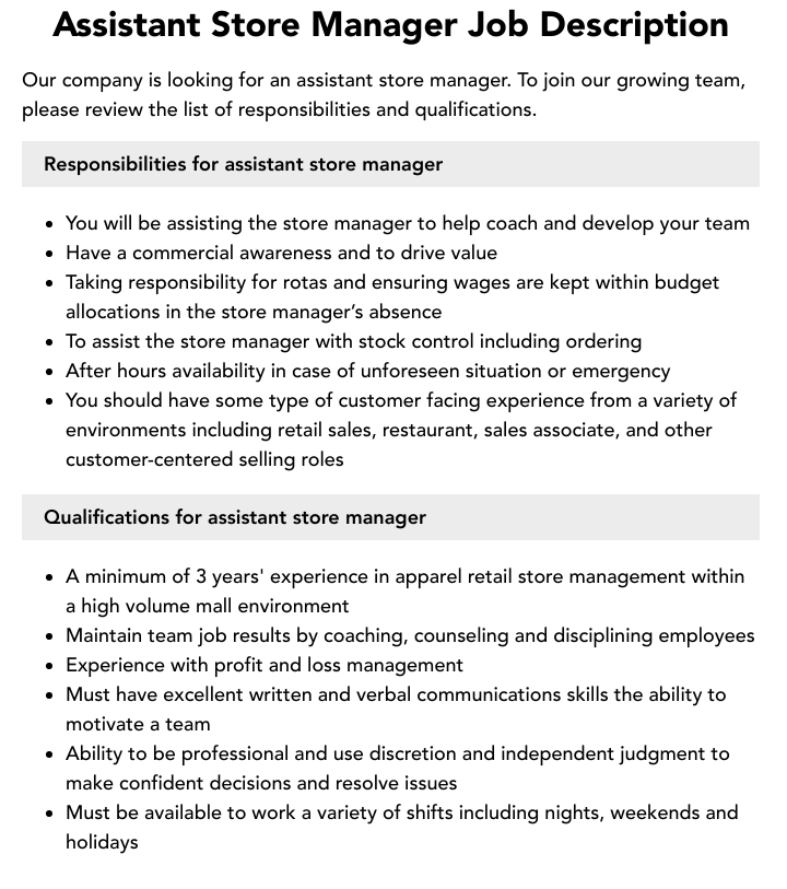 Assistant Store Manager Job Description Velvet Jobs