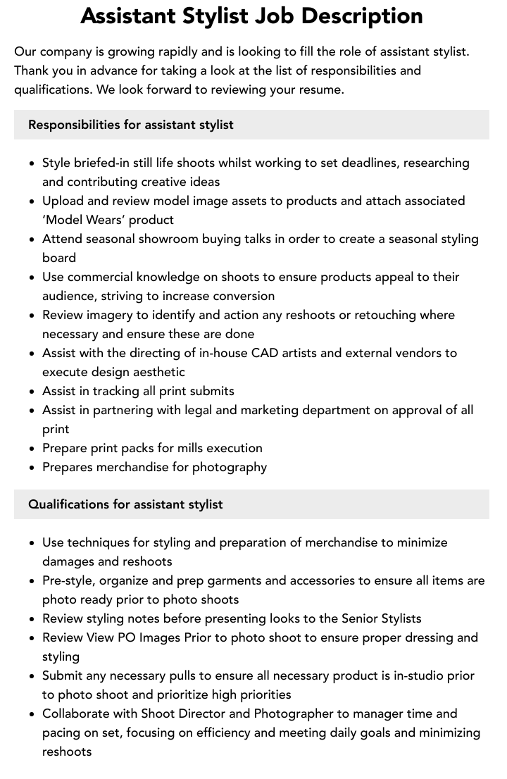 Assistant Stylist Job Description Velvet Jobs