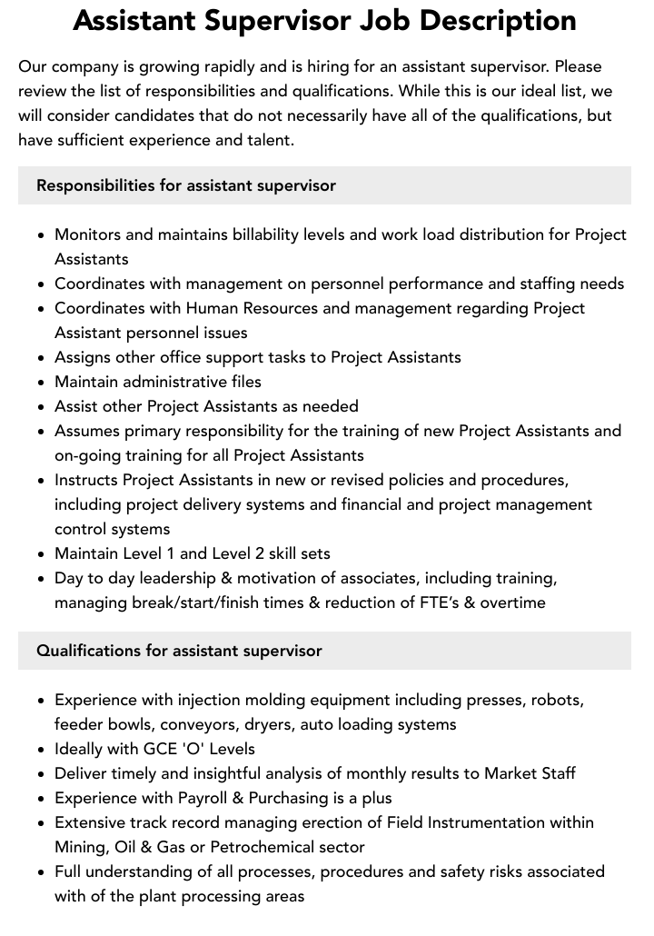Assistant Supervisor Job Description Velvet Jobs