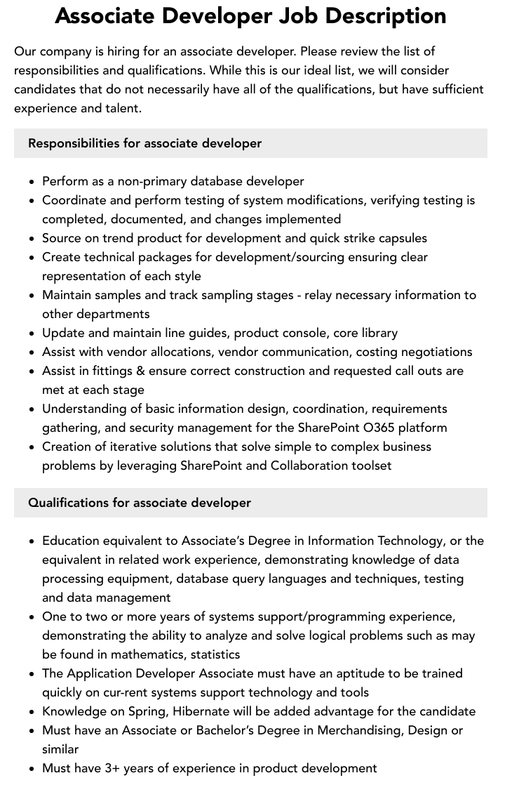 Associate Developer Job Description Velvet Jobs