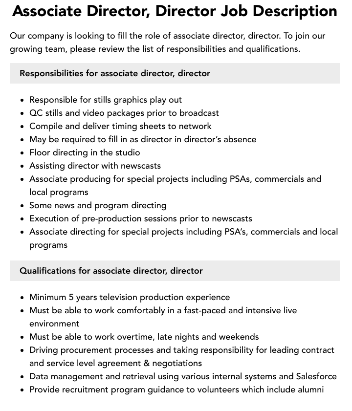 Associate Director Director Job Description Velvet Jobs