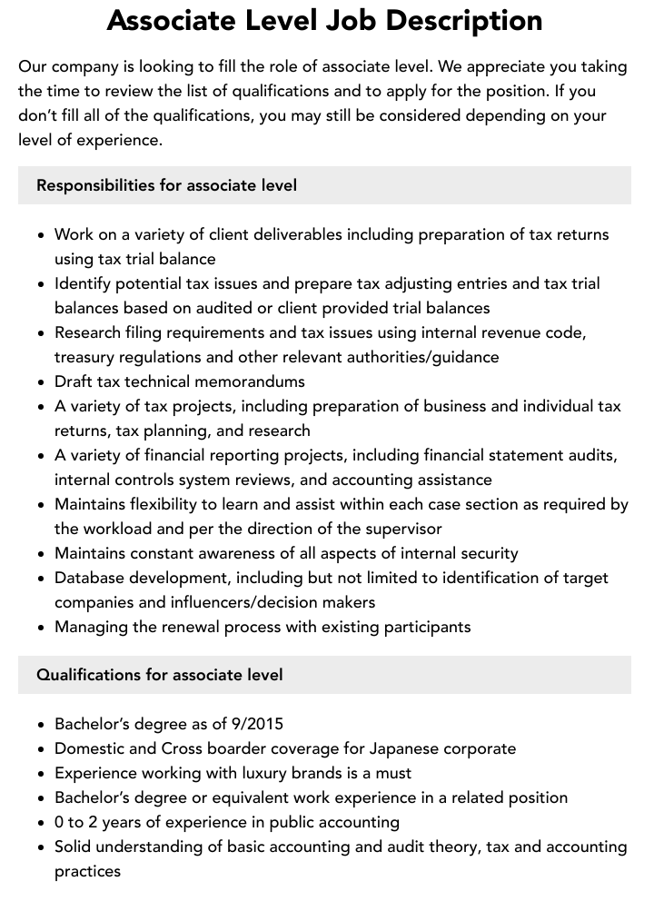 Associate Level Job Description Velvet Jobs