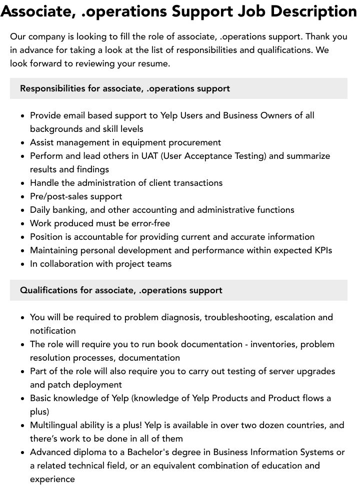 Associate operations Support Job Description Velvet Jobs Associate operations Support Job Description Velvet Jobs