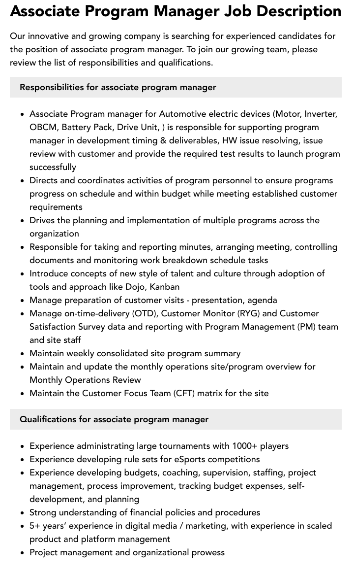 Associate Program Manager Job Description Velvet Jobs