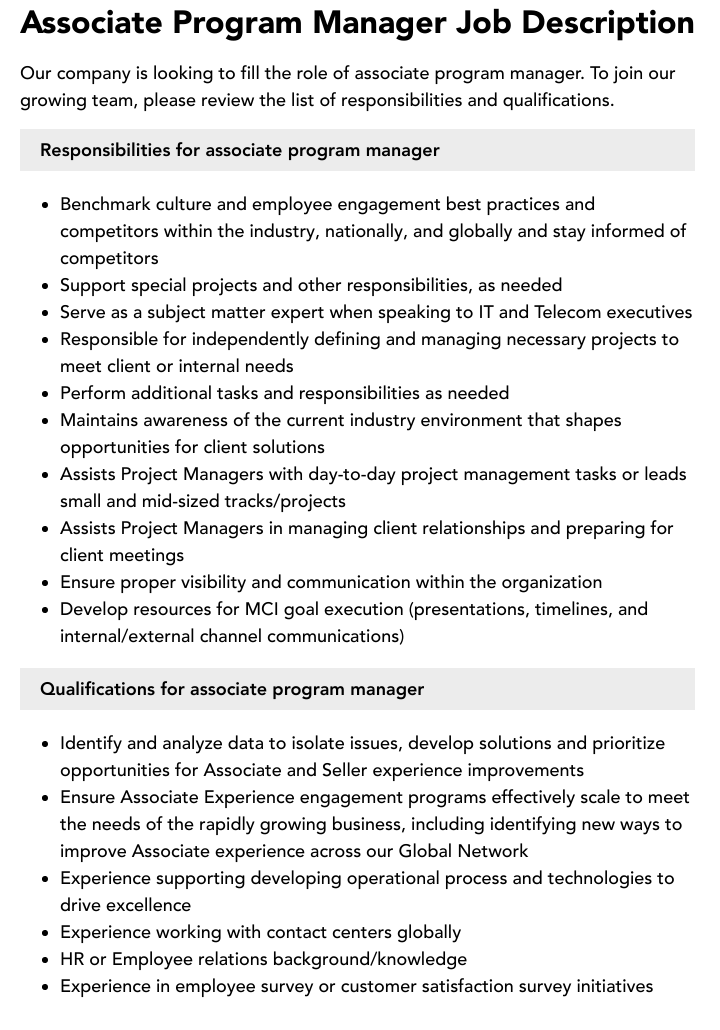 Associate Program Manager Job Description Velvet Jobs