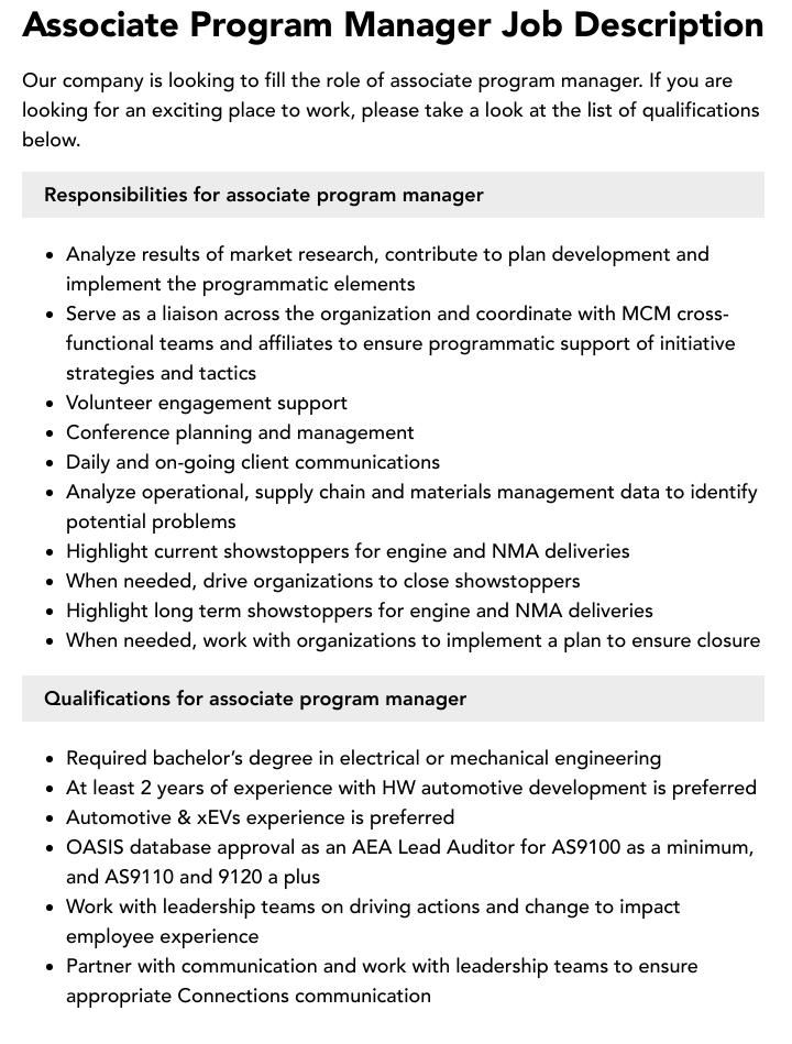  Associate Program Manager Job Description Velvet Jobs