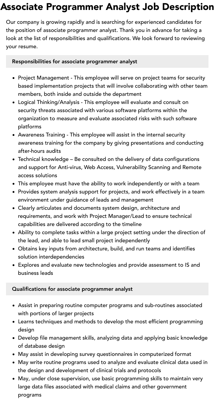 Associate Programmer Analyst Job Description Velvet Jobs