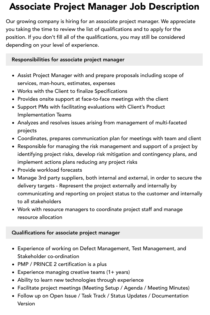 Associate Project Manager Job Description Velvet Jobs
