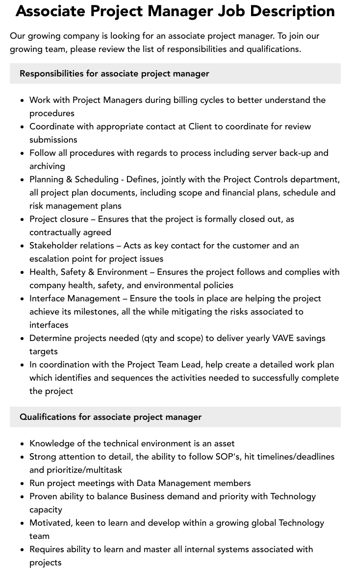 Associate Project Manager Job Description Velvet Jobs