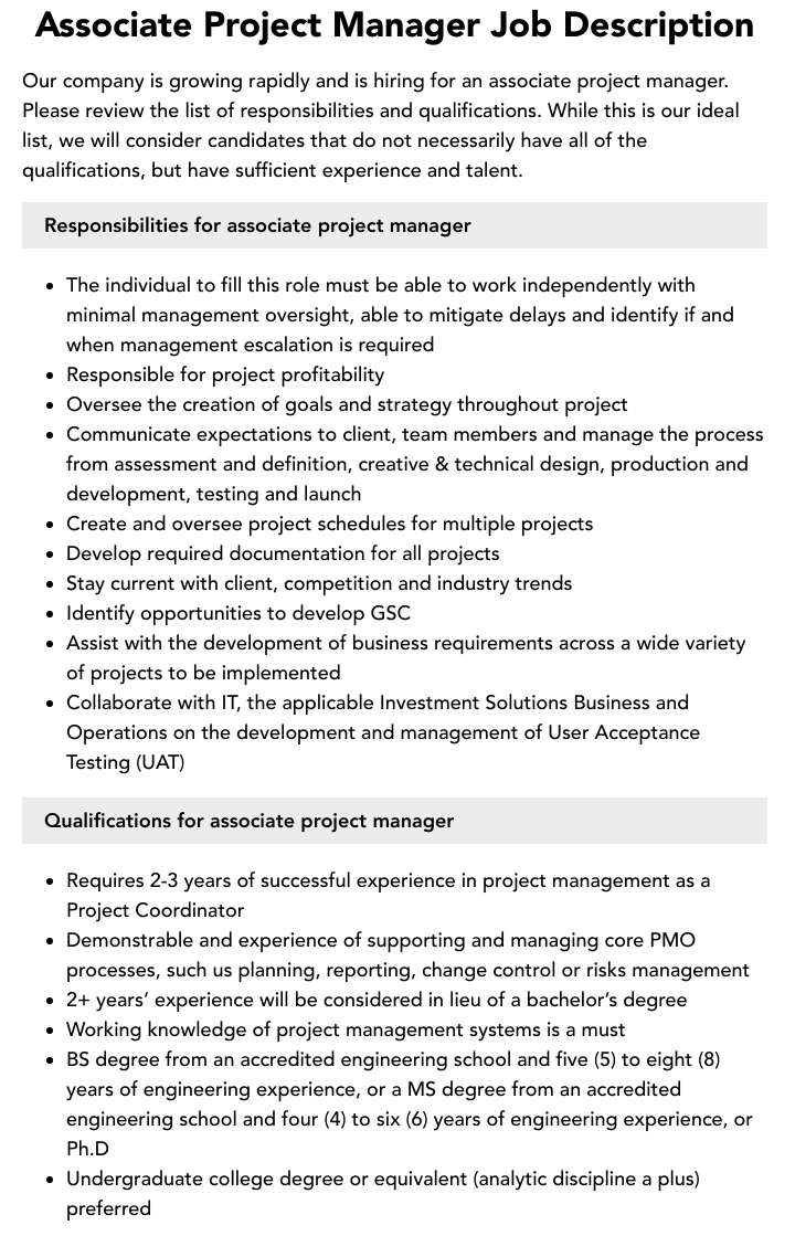 Associate Project Manager Job Description Velvet Jobs