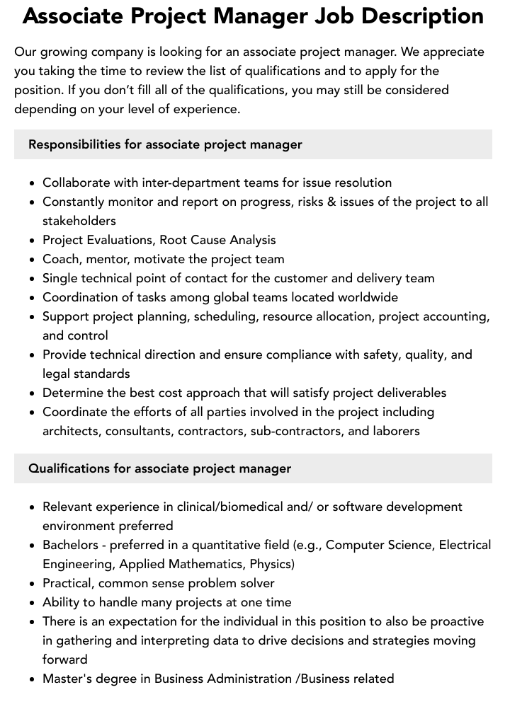 Associate Project Manager Job Description Velvet Jobs