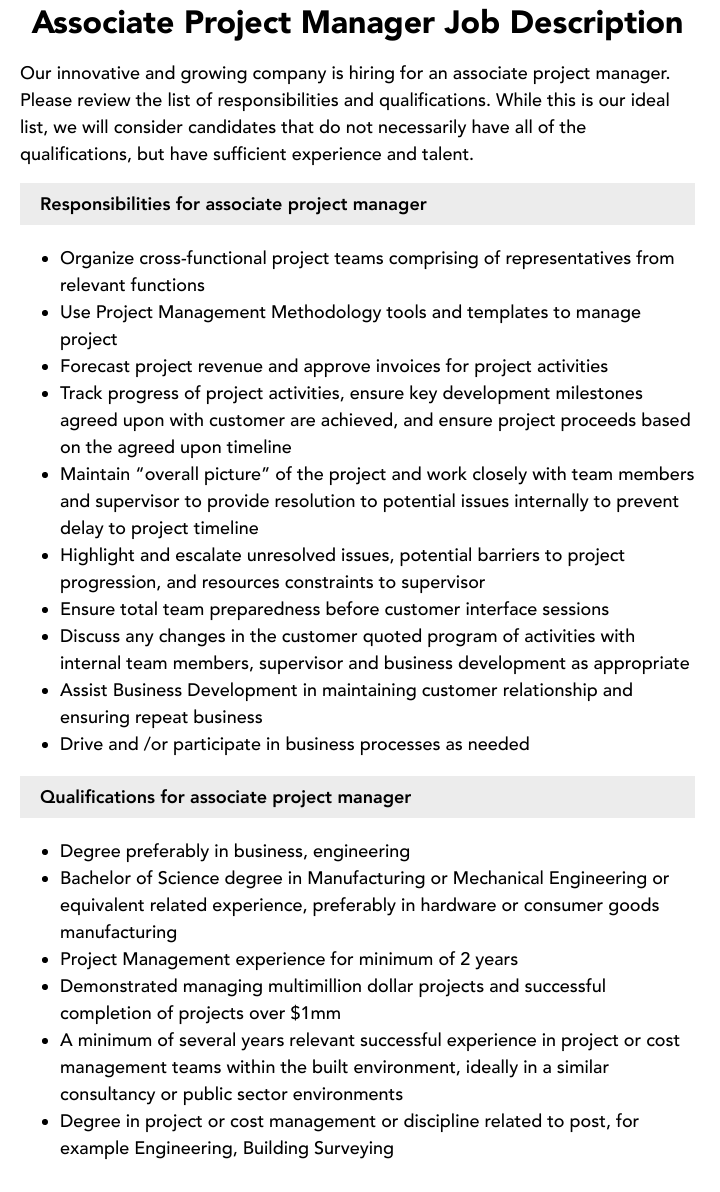 Associate Project Manager Job Description Velvet Jobs