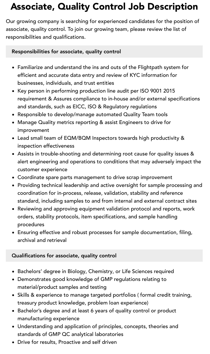 Associate Quality Control Job Description Velvet Jobs