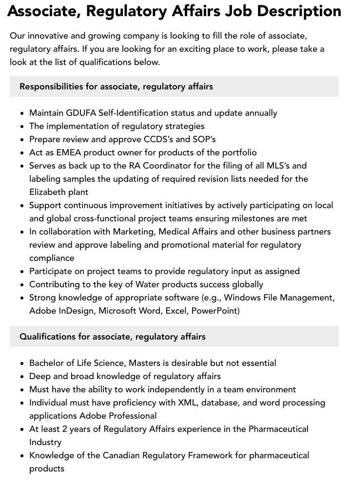 Associate Regulatory Affairs Job Description Velvet Jobs
