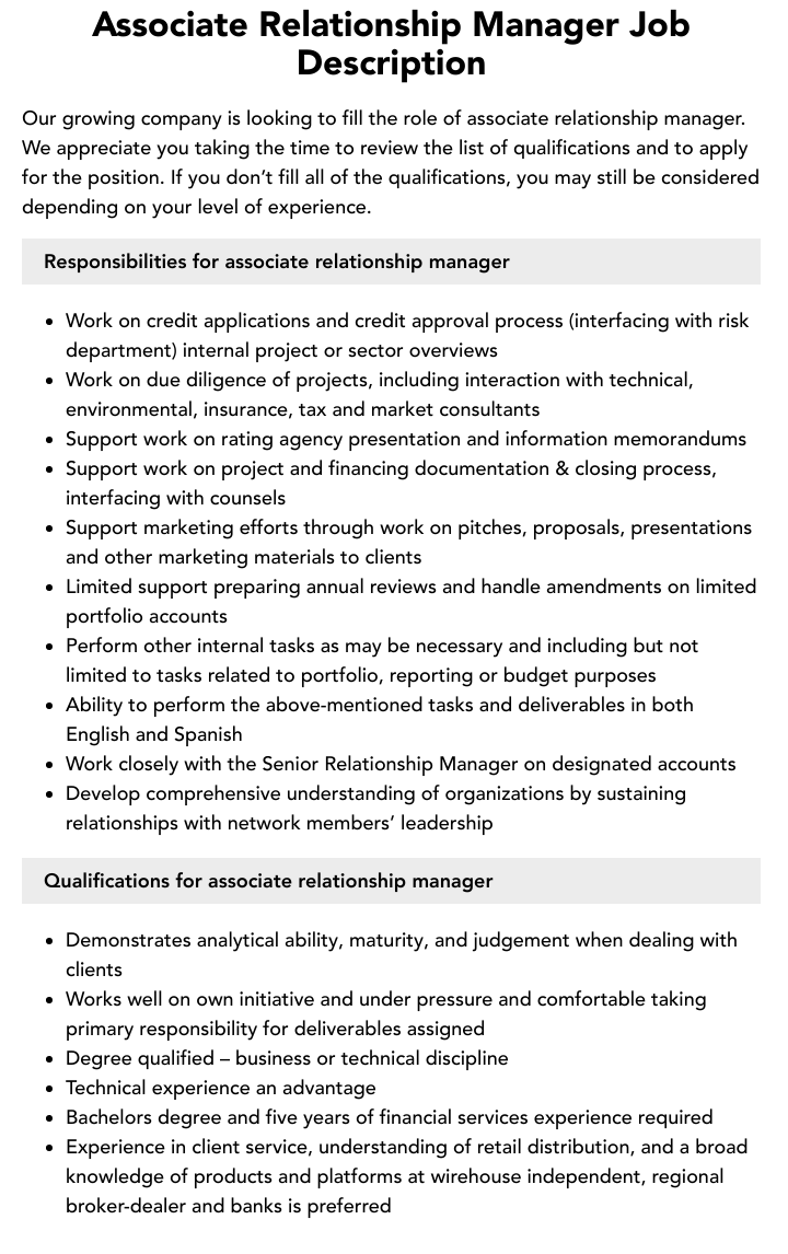Associate Relationship Manager Job Description Velvet Jobs